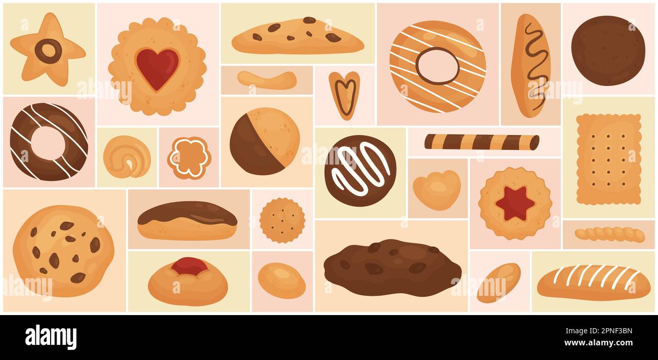 Cartoon assorted sugar snacks, confectionery collection with biscuit ...