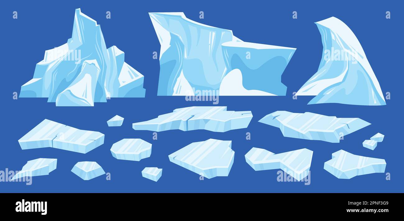 Frozen arctic cracked ice iceberg icon set three different sized ...