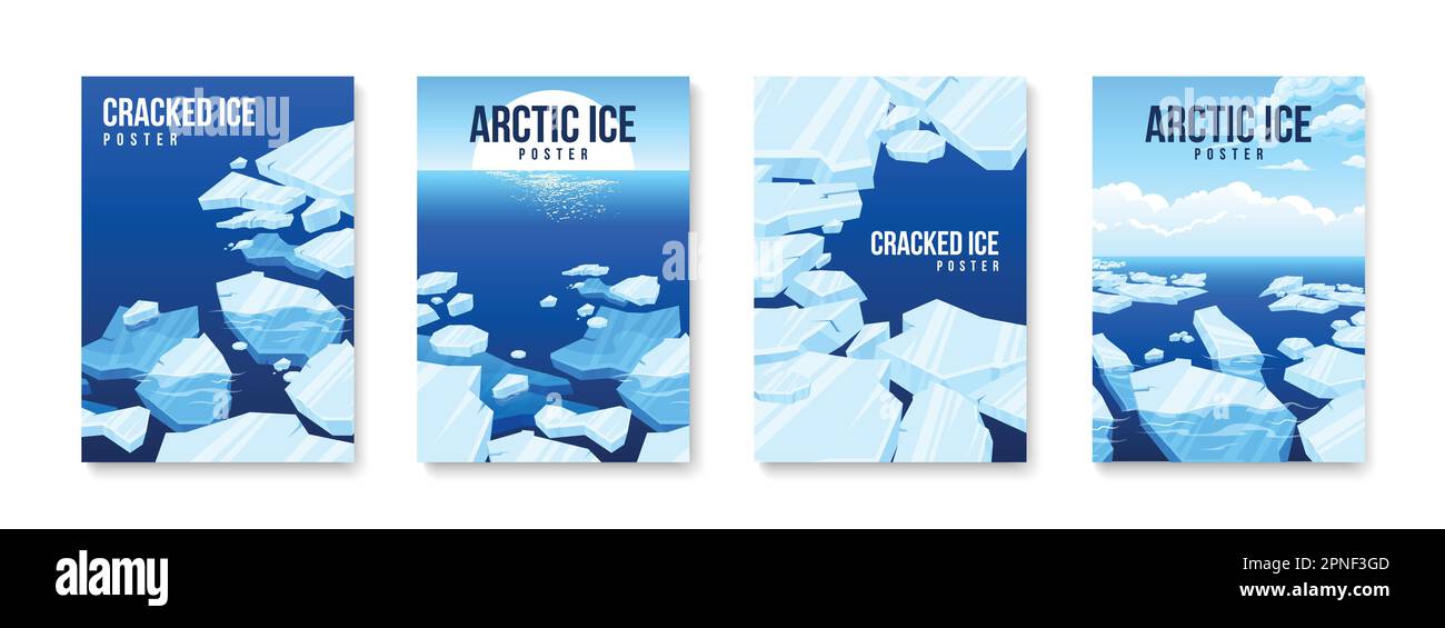 Frozen arctic cracked ice vertical isolated poster set with ...