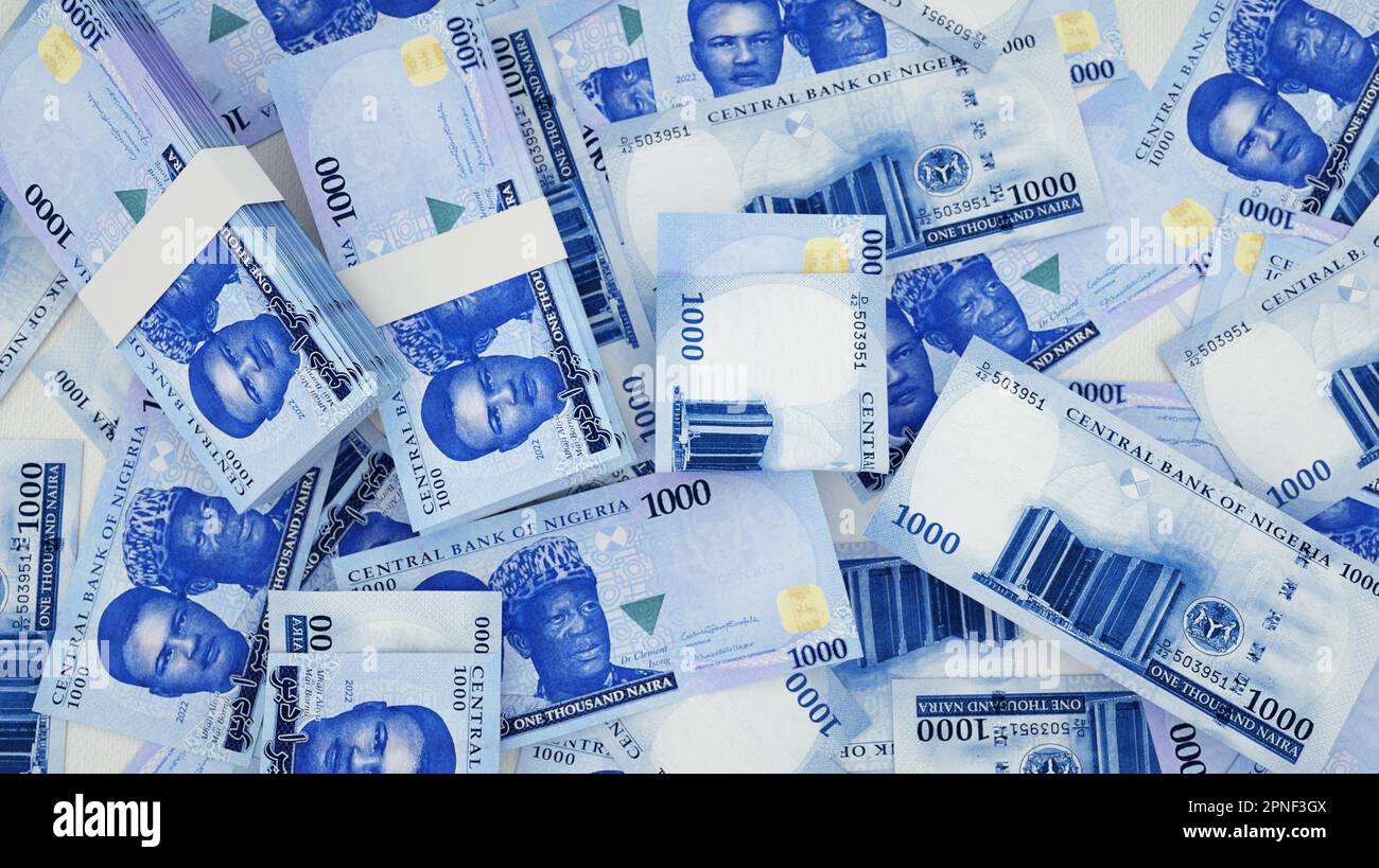 close up of new 1000 Nigerian naira notes spread on table. 3d rendering ...