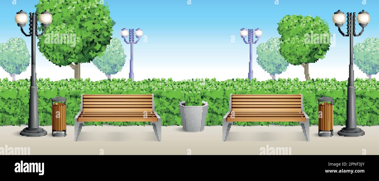 Realistic park bench background two benches for strollers set in the ...