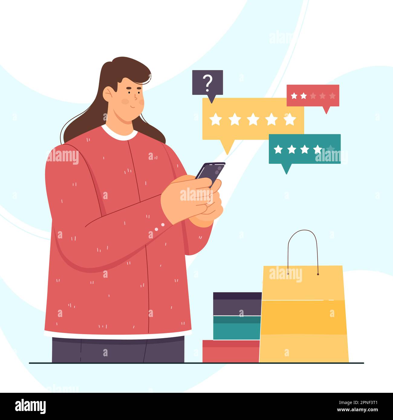 Customers feedback vector illustration. Cartoon young person holding ...
