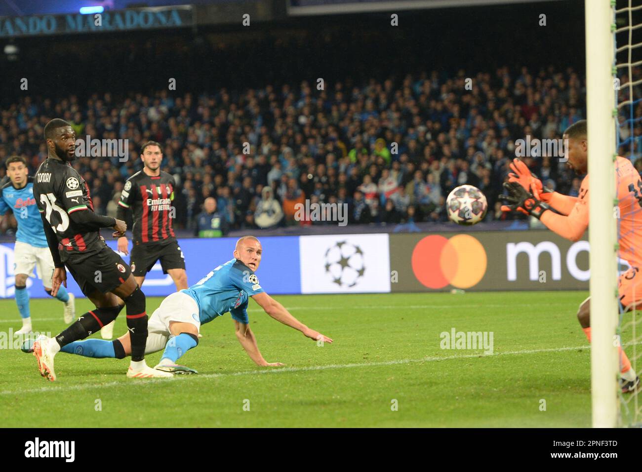 Naples, Italy. 18th Apr, 2023. Mike Maigan of AC Milan saved on the ...