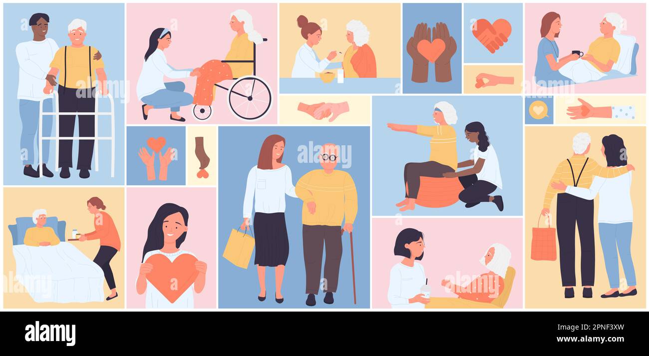 Cartoon young nurses hug senior patients, support and assistance for ...