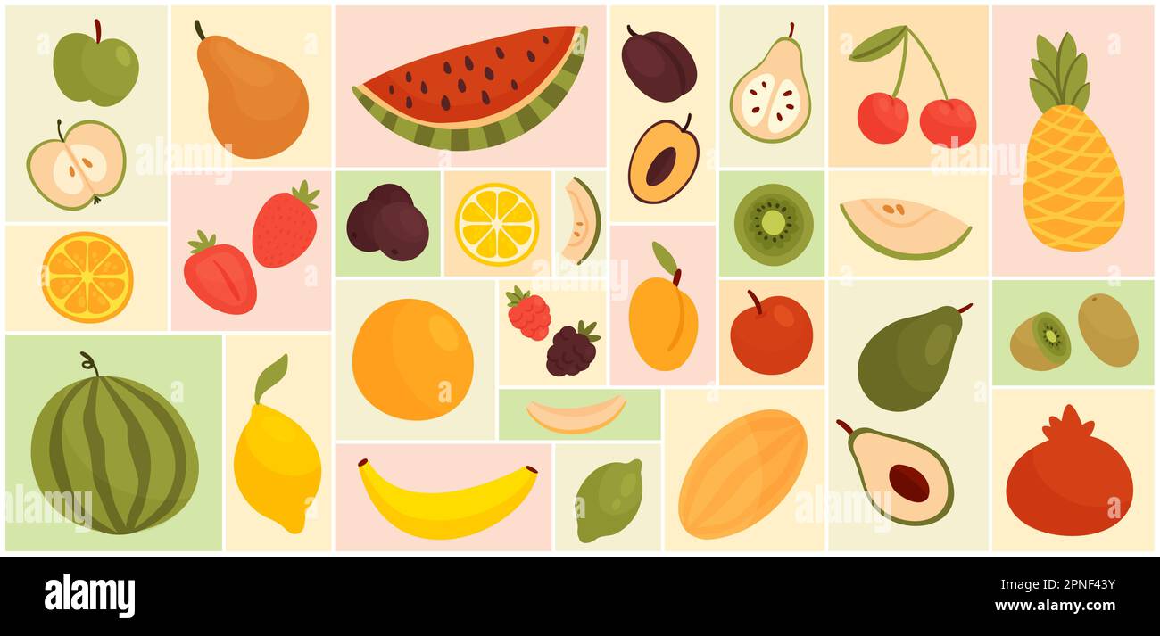 Cartoon summer dessert collection with apple melon strawberry blueberry ...