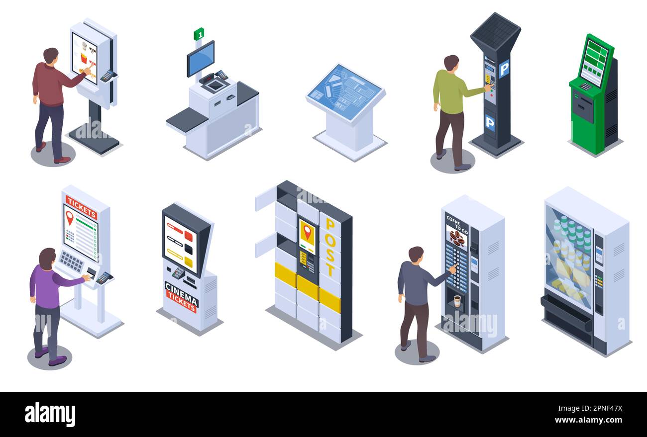 Self service isometric set with isolated icons of people using ... Self service isometric set with isolated icons of people using ...