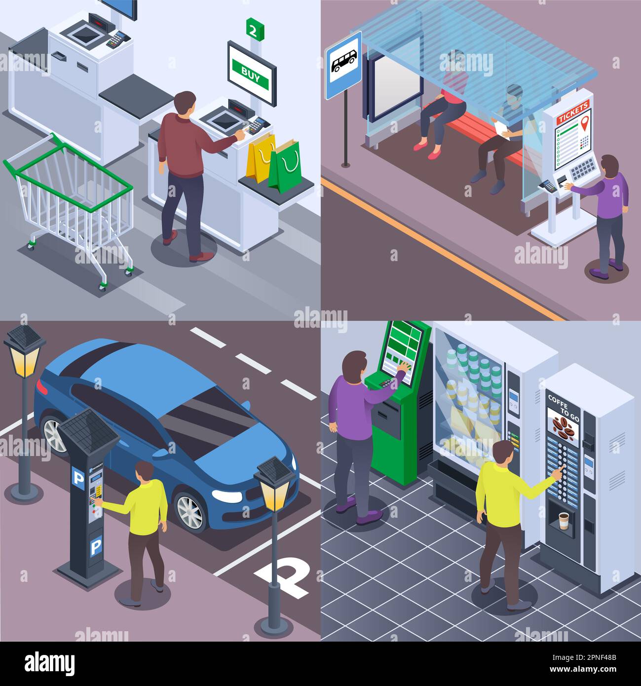 Self service isometric set of four square compositions with people ...