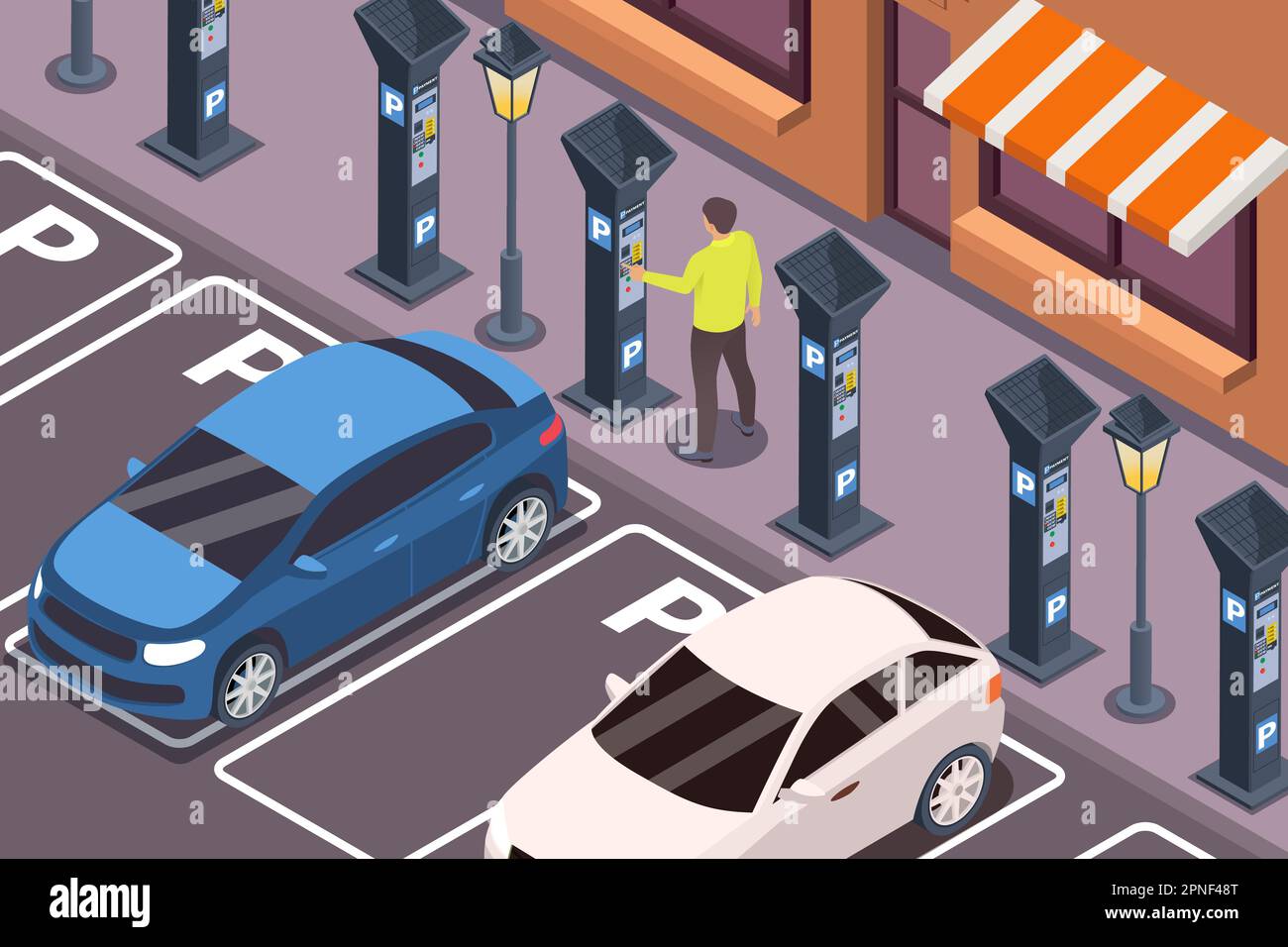 Self service isometric composition with outdoor scenery of parking lot ...