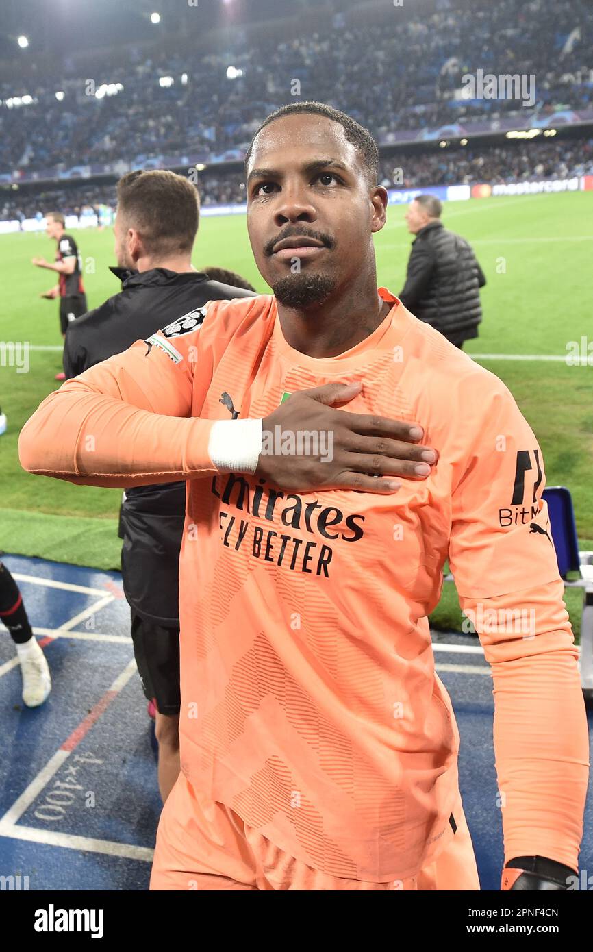 Naples, Italy. 18th Apr, 2023. Mike Maigan of AC Milan cheers at the ...