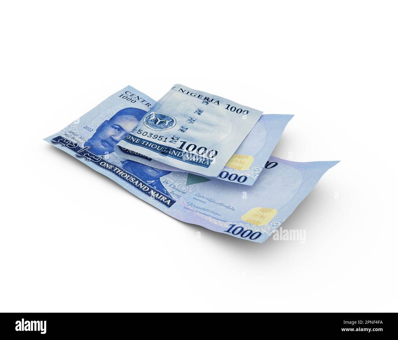 3D rendering of Double 1000 Nigerian naira notes isolated on white ...