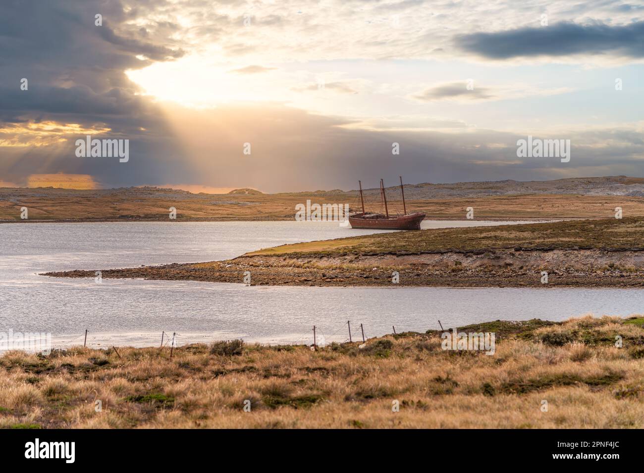 An old whaler wreck in Whalebone Cove off Stanley in the Falkland ...