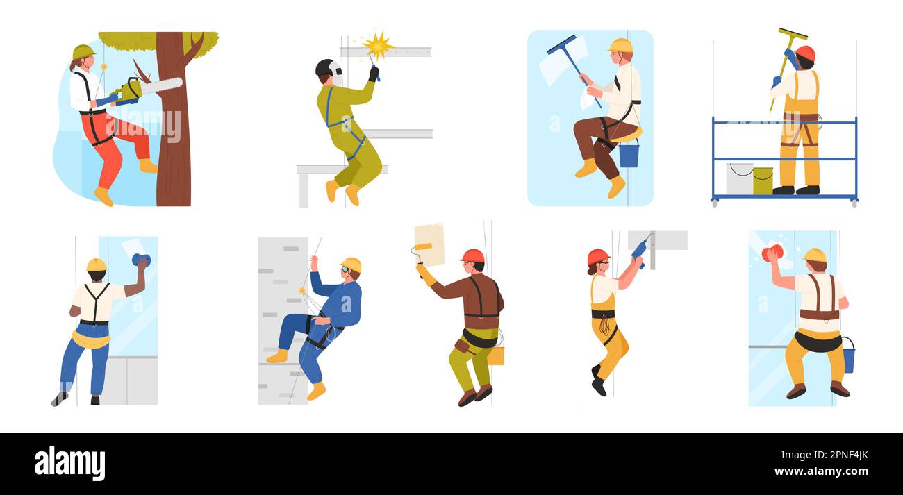 Industrial alpinists work at height set vector illustration. Cartoon ...