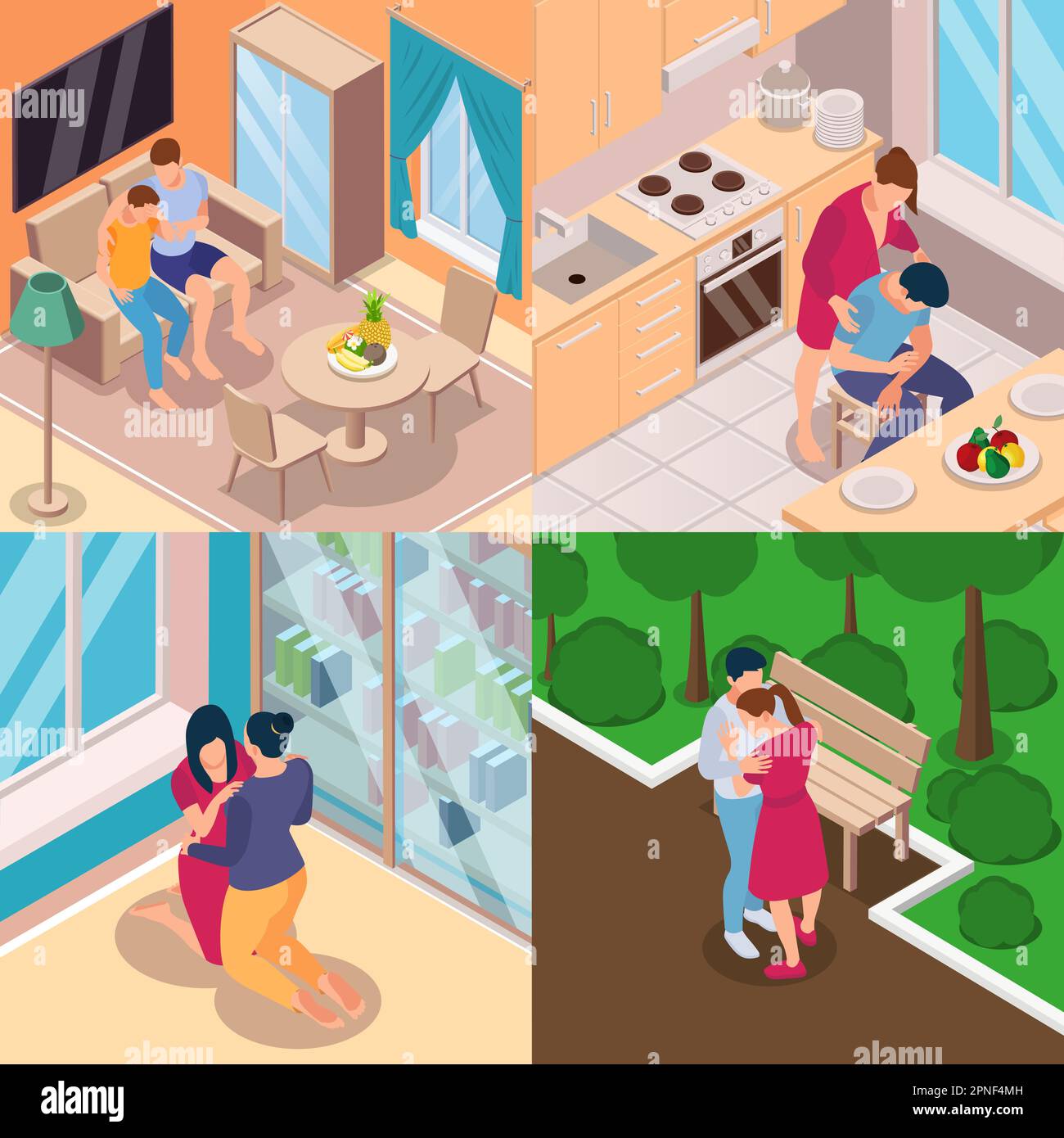 People support isometric set with four square compositions of indoor ...