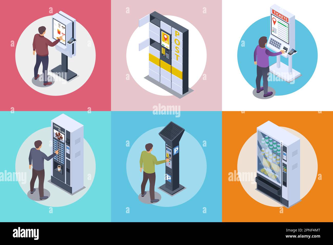 Self service set of isolated round compositions with isometric people using automated vending ...