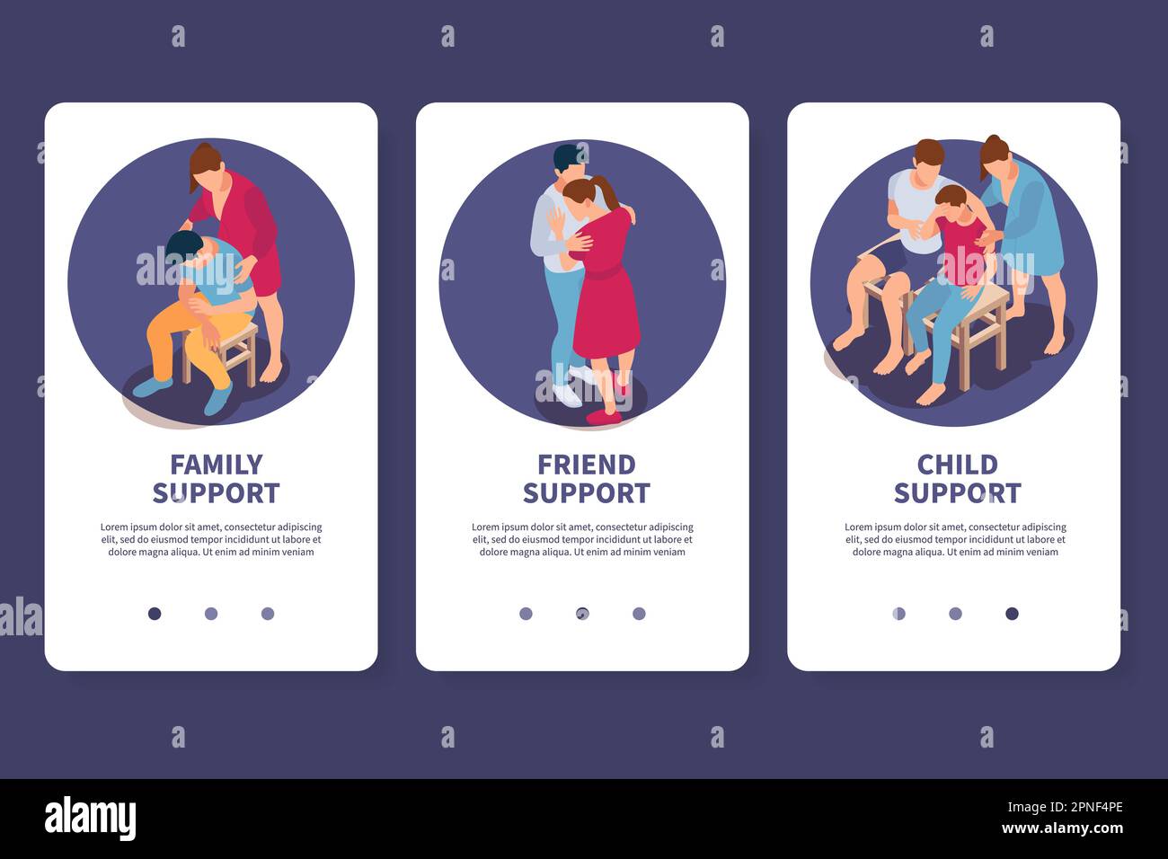 People support isometric set of three vertical banners with page switch ...