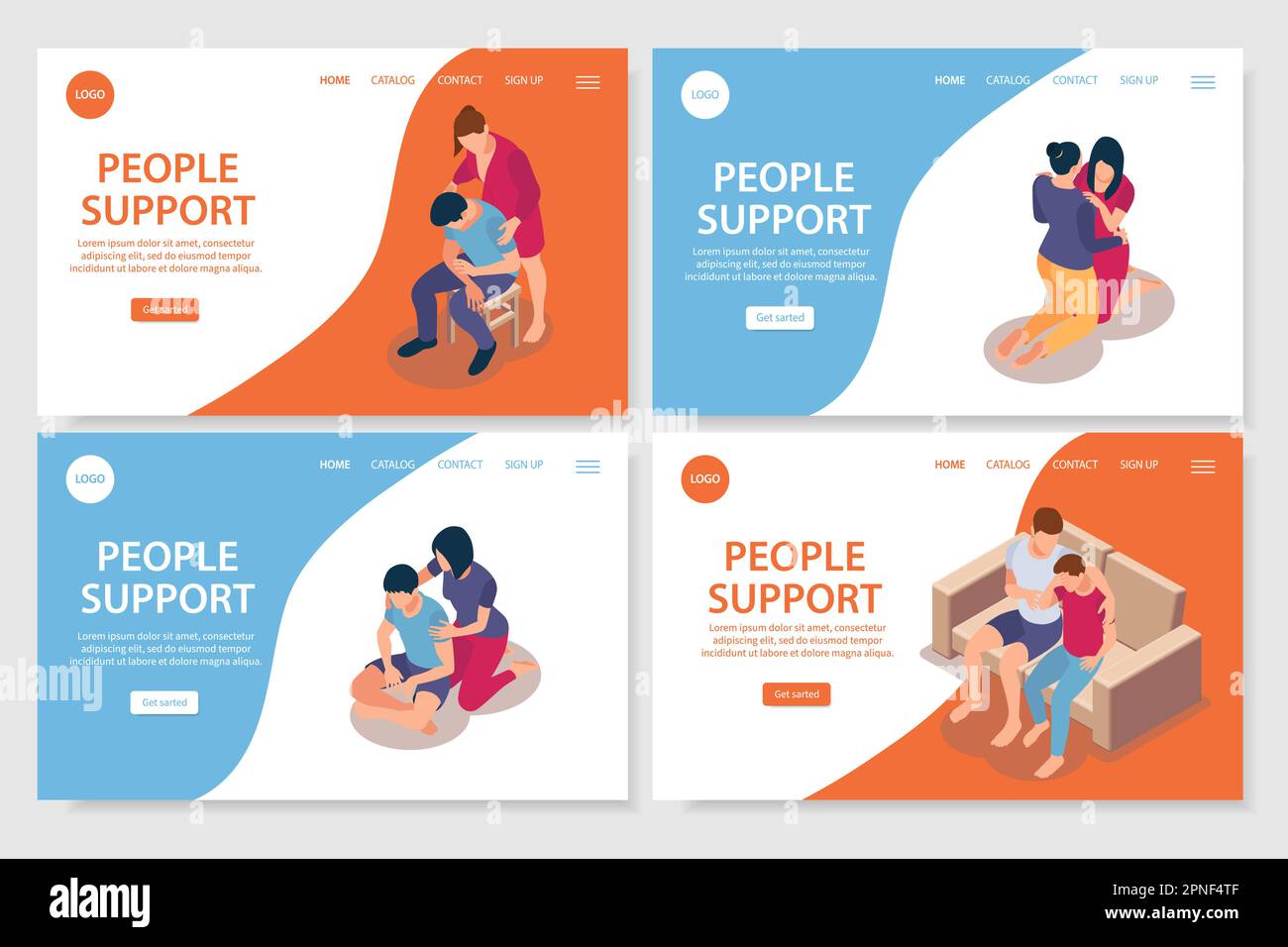 People support isometric set of landing page web sites with clickable ...
