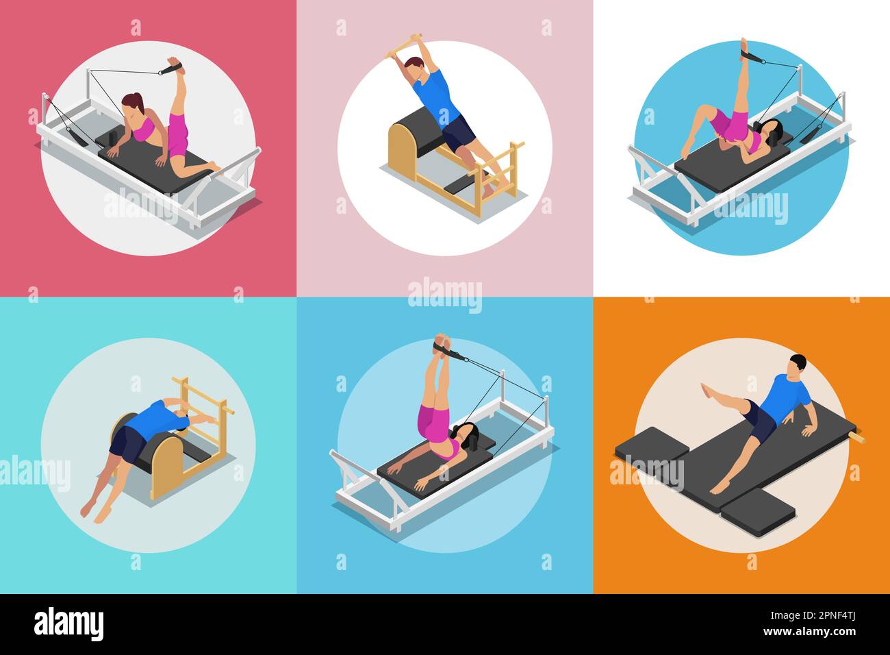 Pilates isometric set with isolated round compositions of people ...
