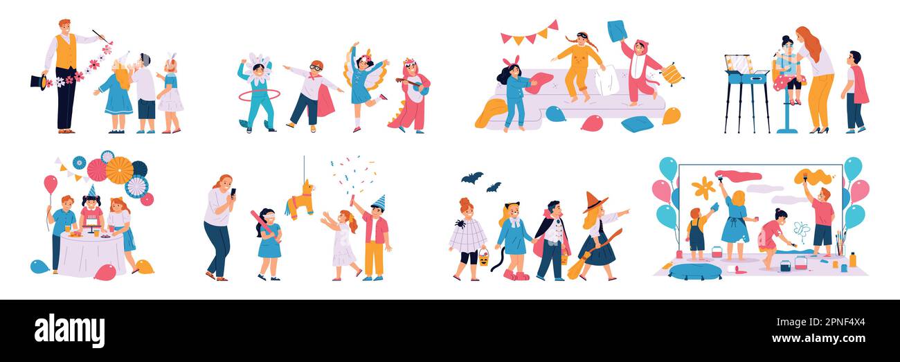 Children party flat icons set with happy kids and parents celebratins ...
