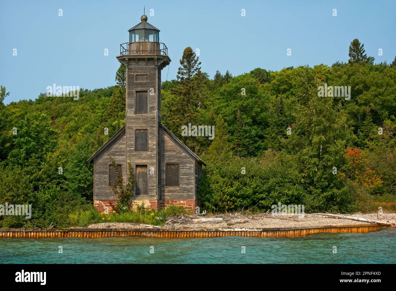 The boarded up East Channel Lighthouse on Grand Island, Michigan, on ...