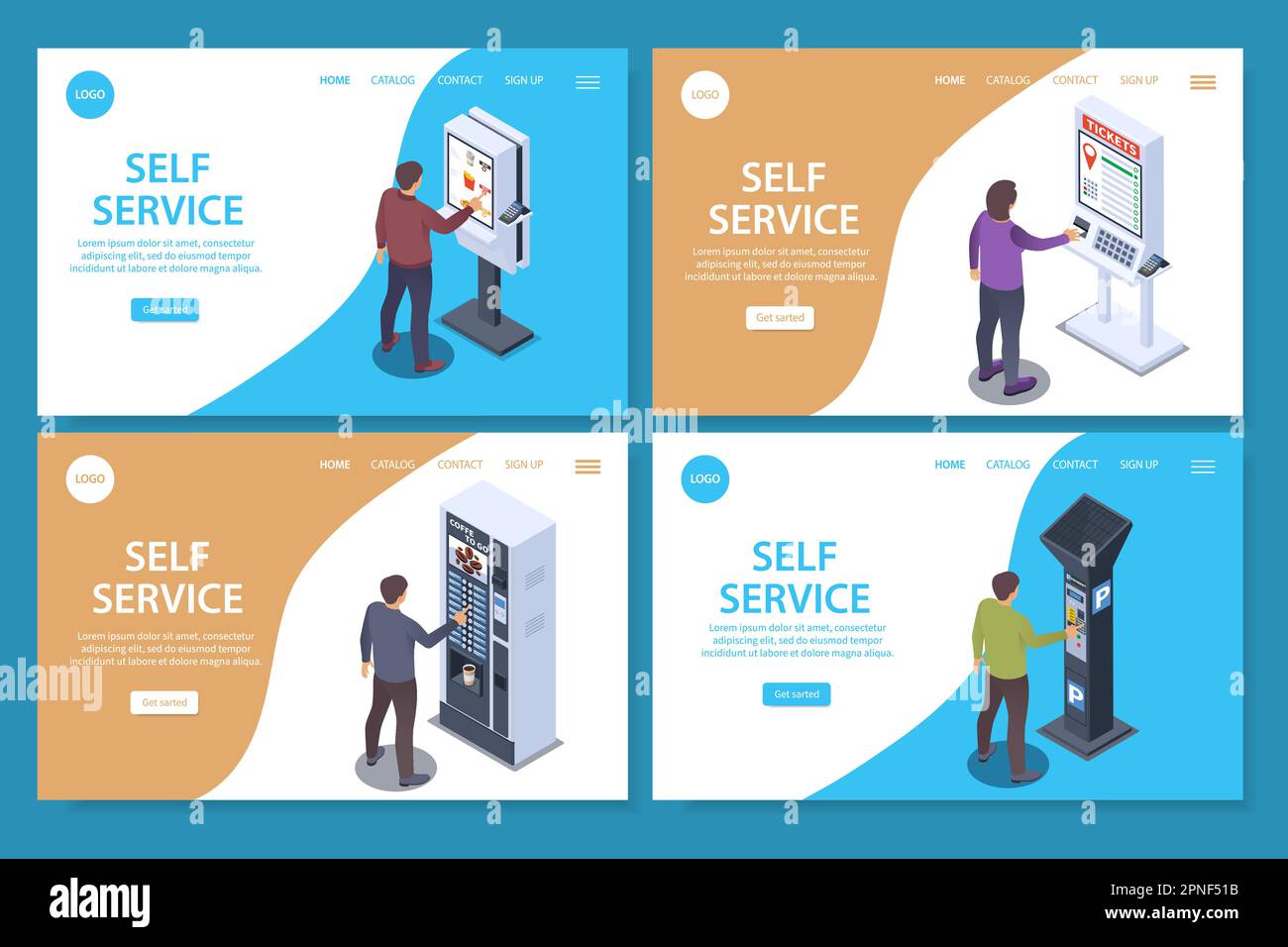 Self service isometric set with editable text get started button and human characters working ...
