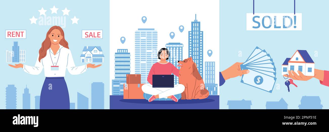 Real estate flat compositions set with apartment sellers and person ...