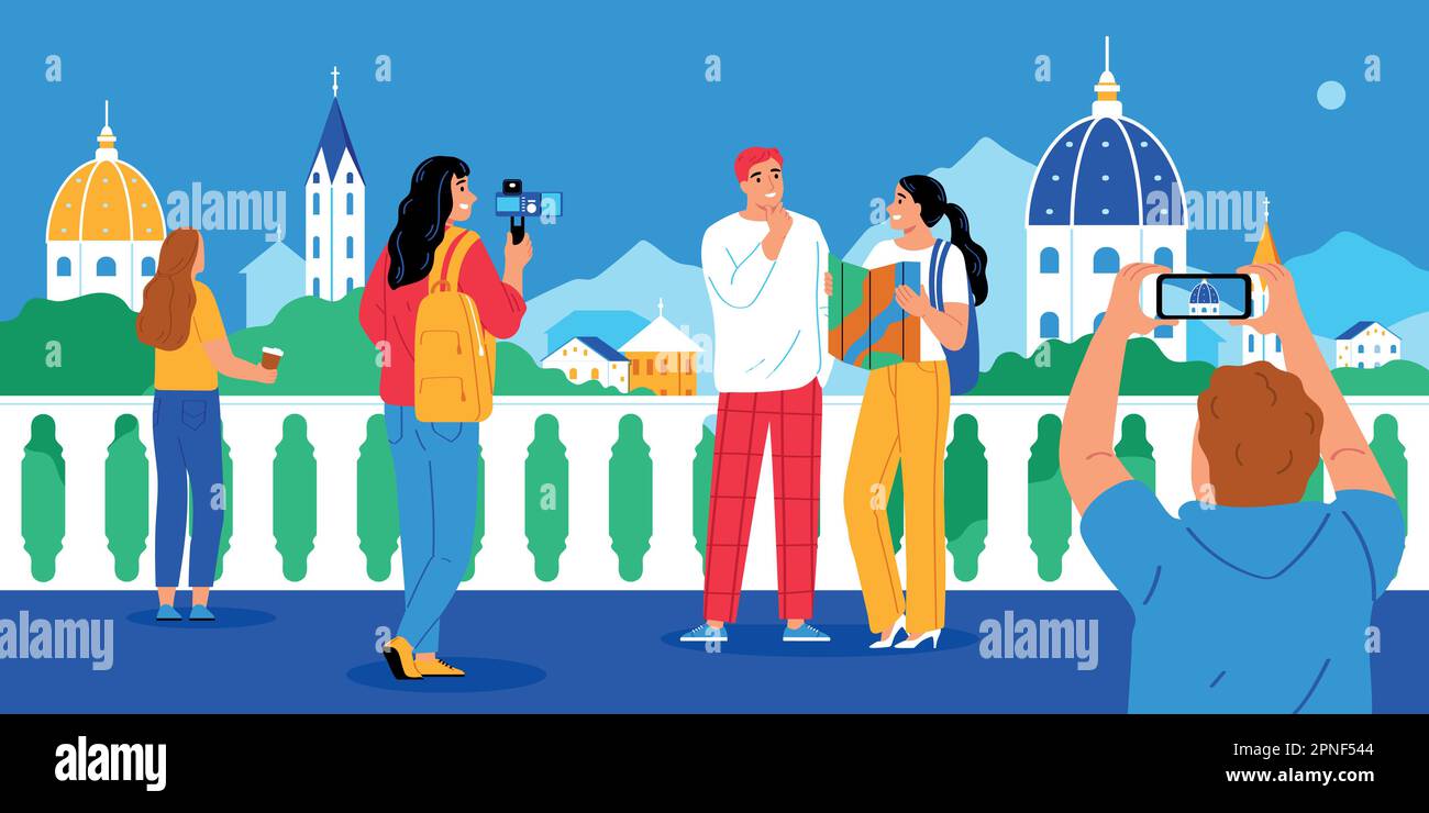 Travel blogger flat poster with young people with mobile devices go ...