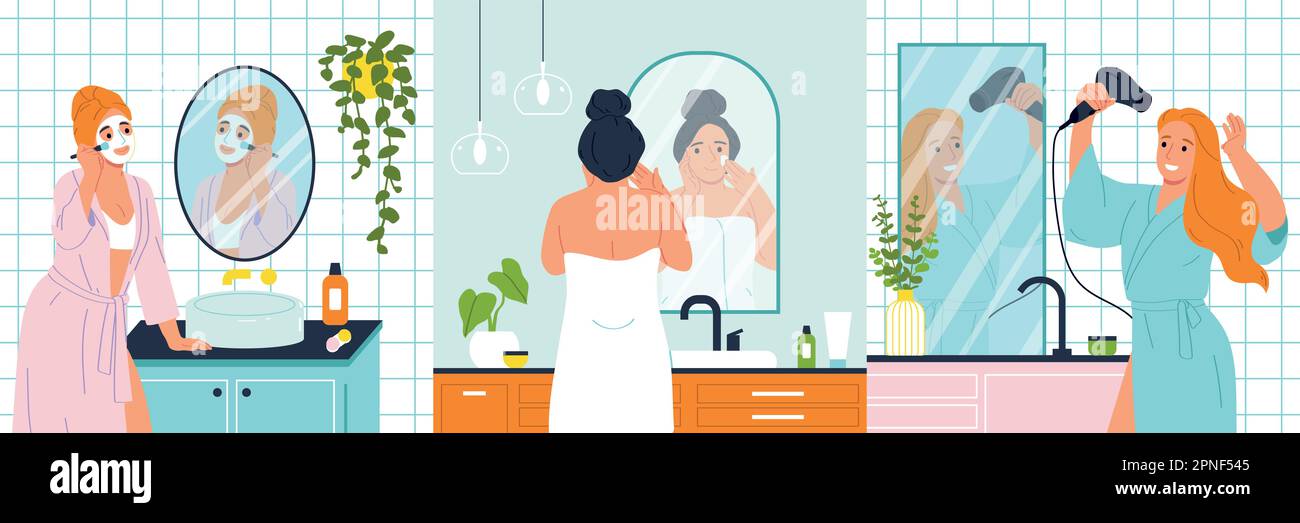 Daily hygiene routine flat concept set with women in bathroom isolated ...