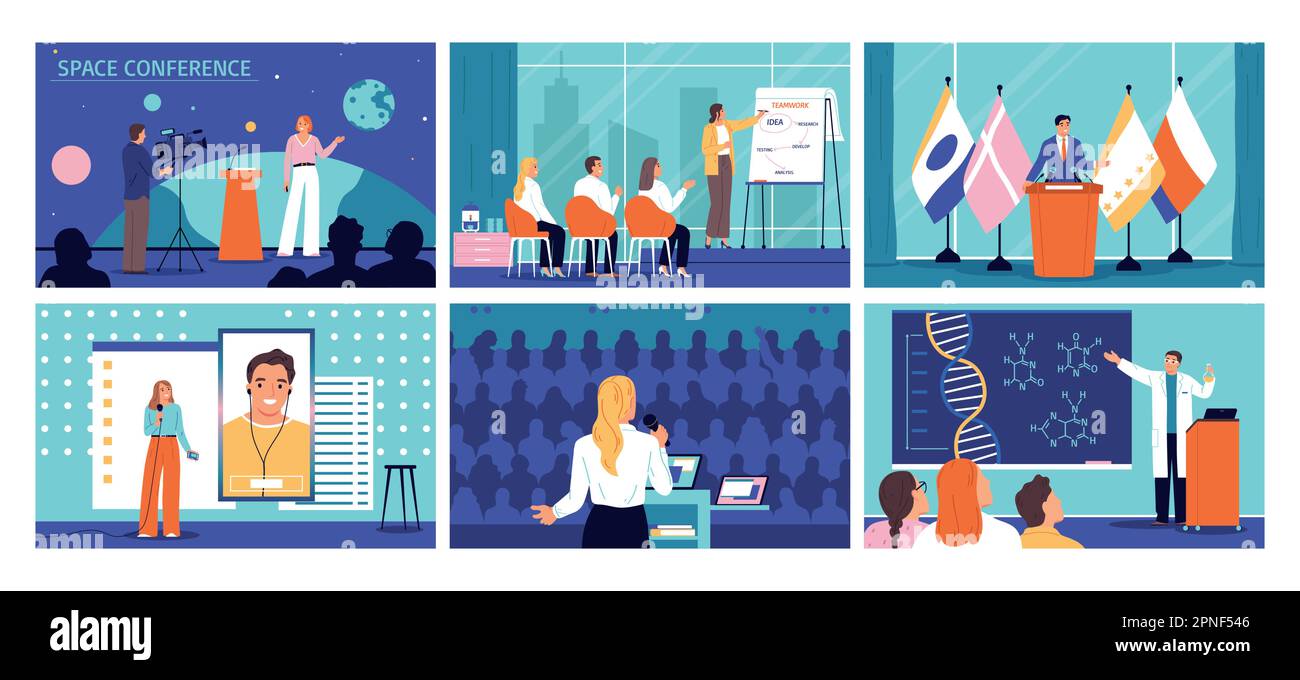 Conference flat concept set with speakers standing on scene isolated ...