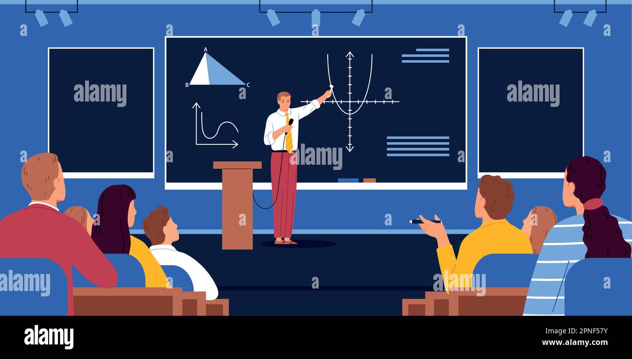 Conference flat concept with lecturer in front of school board vector ...