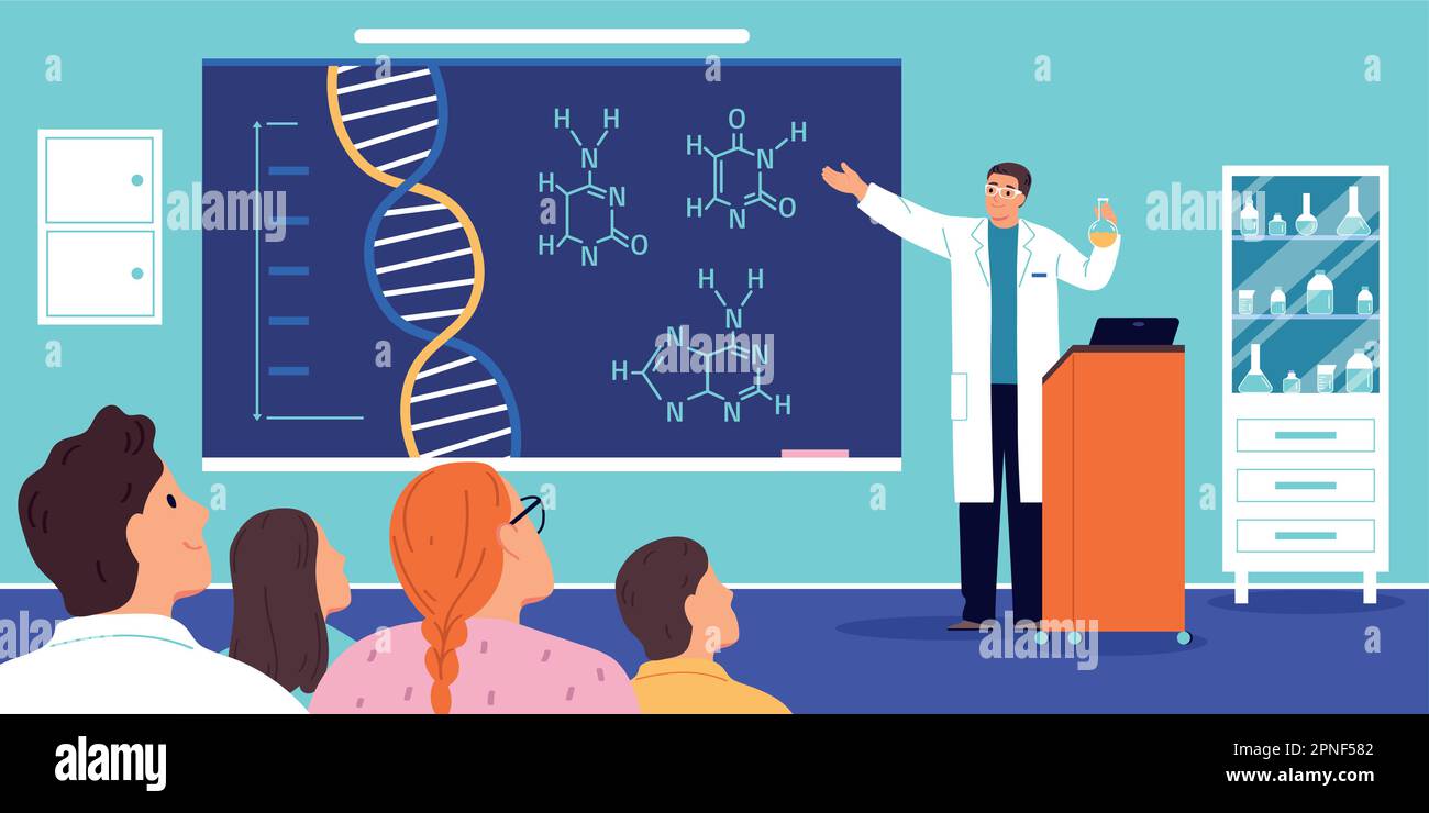 Conference flat concept with chemistry teacher speaking for class ...