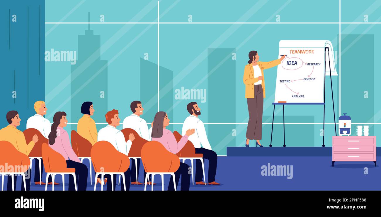 Conference flat concept with woman on stage speaking for the audience vector illustration Stock ...