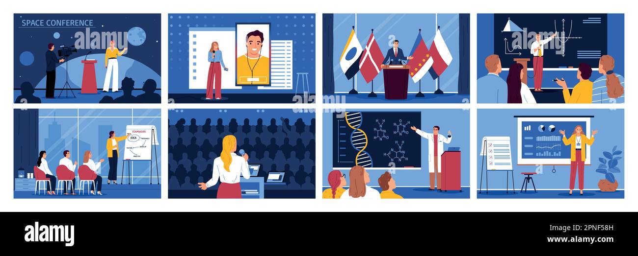 Conference flat concept set with lecturers on stage in auditorium ...