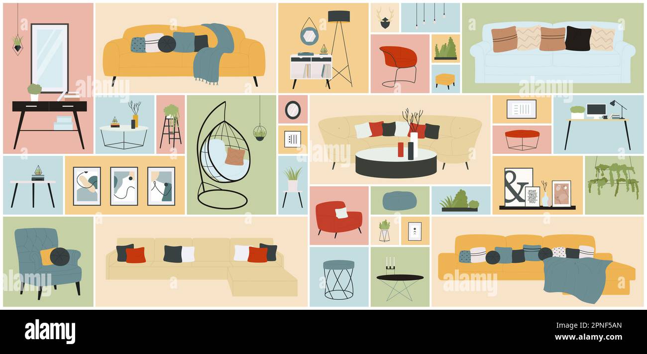 Cartoon living room decor collection with sofa and chair, modern couch ...