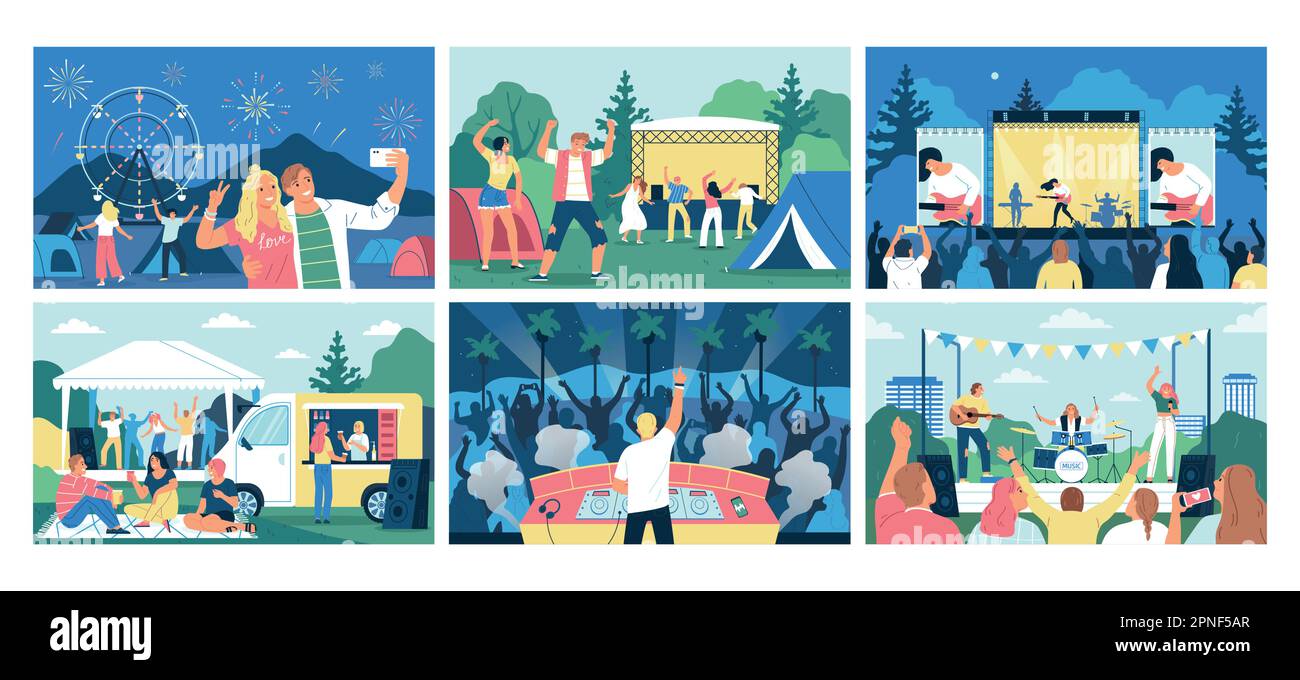 Open air flat icons set with people listening music outdoor isolated ...