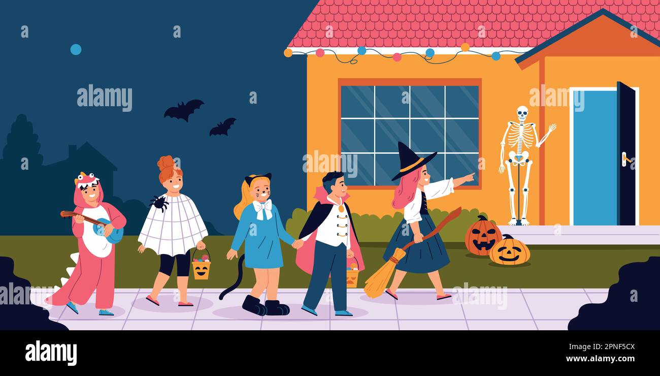Children party flat concept with kids in halloween costumes vector ...