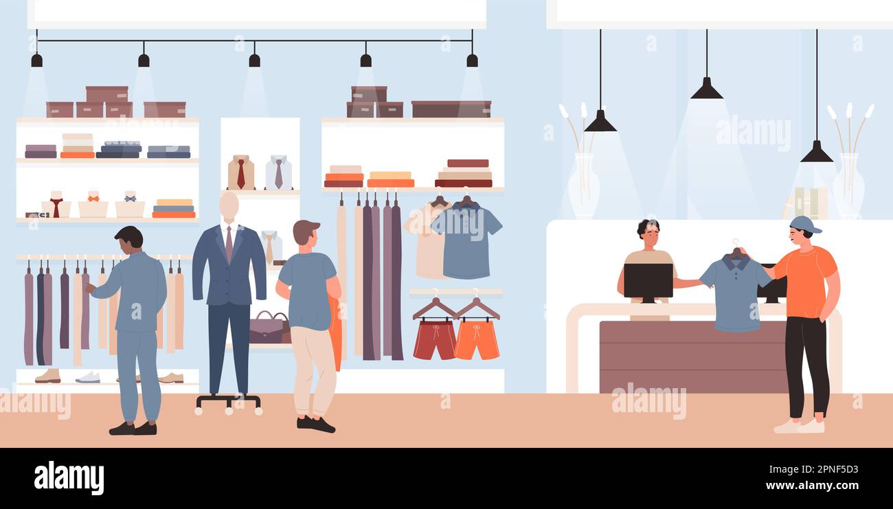 Cartoon flat man customer characters standing and trying new fashion ...