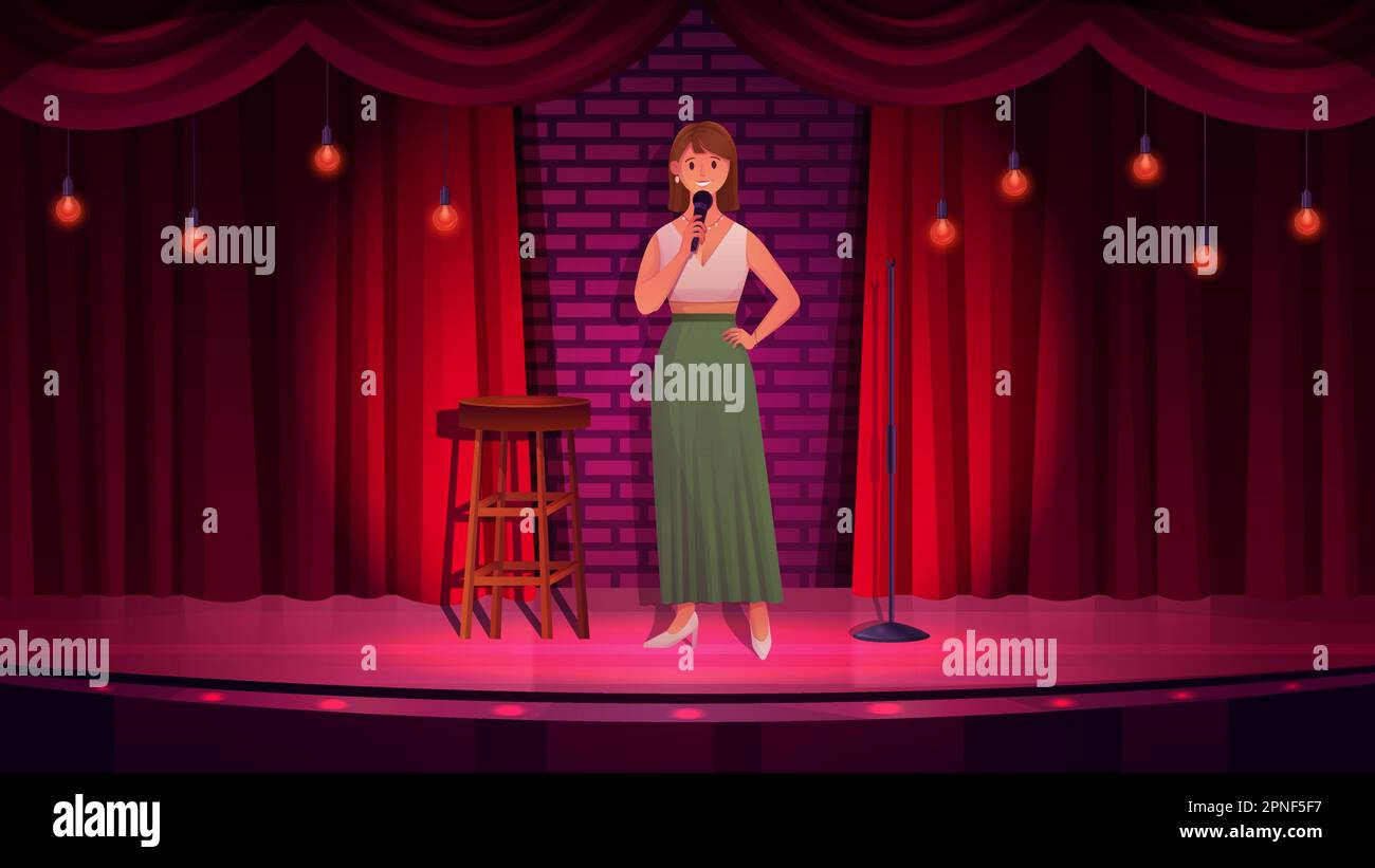 Cartoon young woman with microphone performing funny standup speech ...