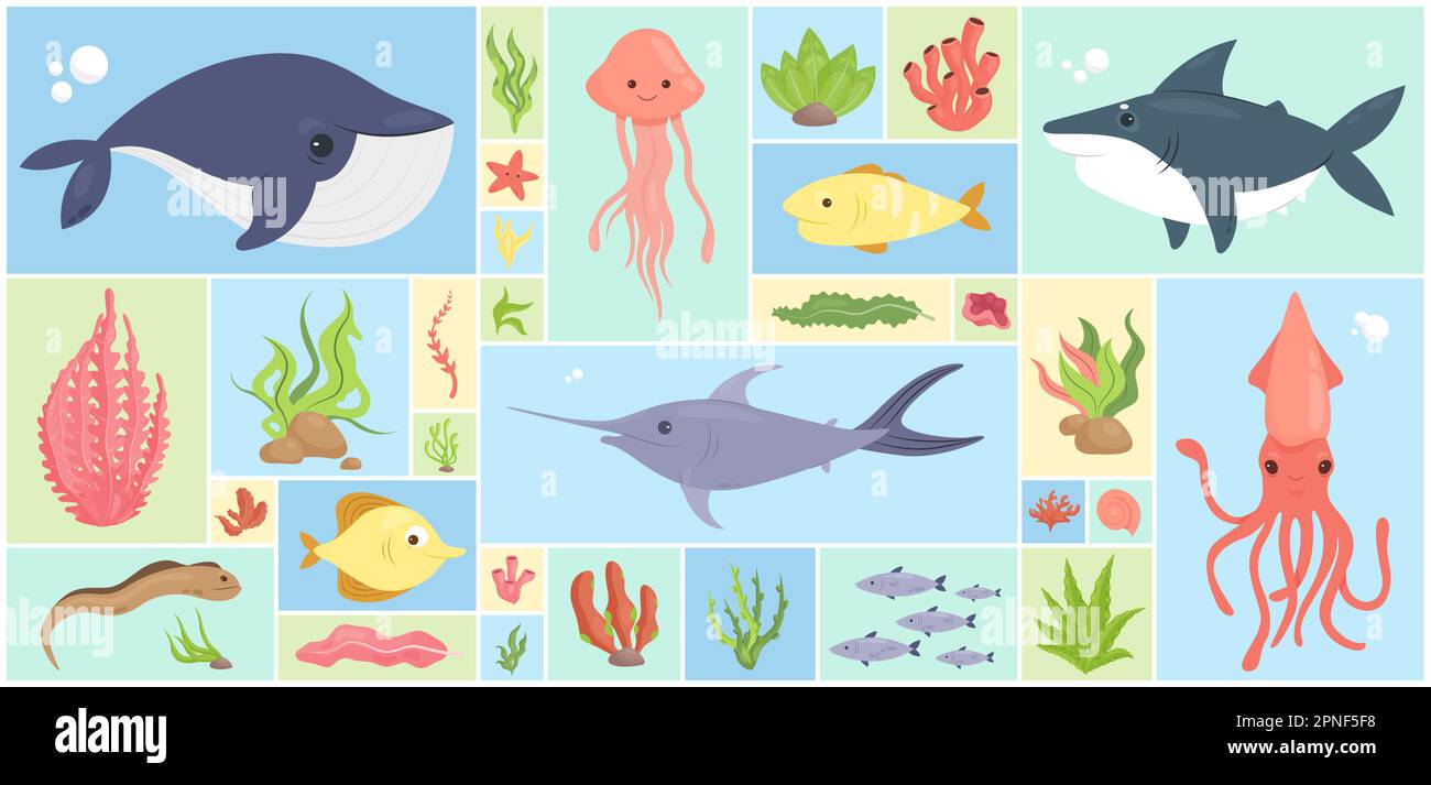 Cartoon happy wild inhabitants of ocean life or aquarium, coral reef ...