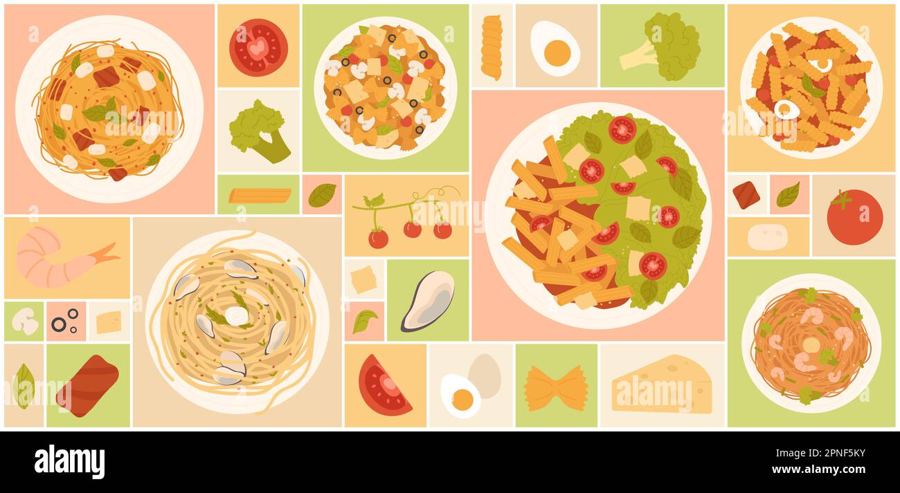 Cartoon healthy portions of different food, pasta meals with sauces on ...