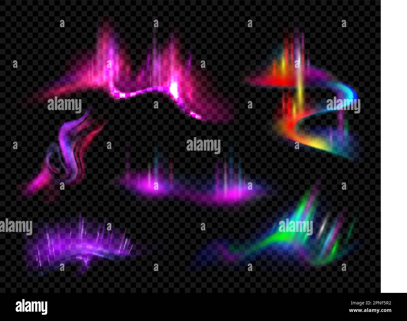 Colorful glowing polar lights of fancy shapes realistic set at dark ...