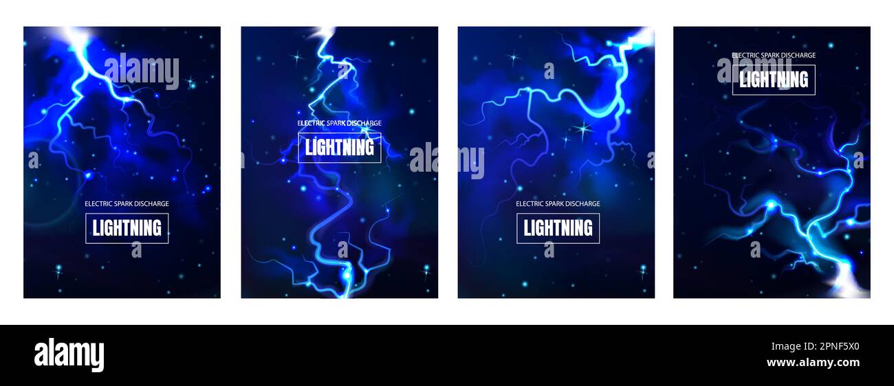 Lightning posters realistic set with electric blue spark discharge in ...