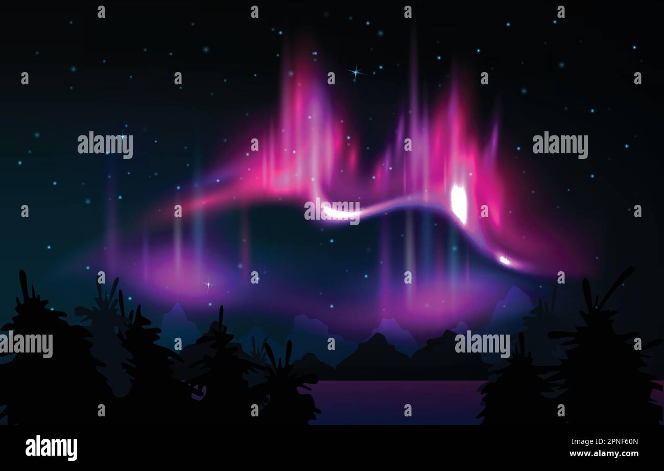 Purple polar lights illuminating night landscape with silhouettes of ...