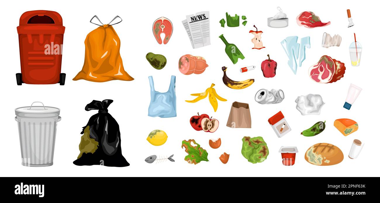 Rotten food and trash containers cartoon set of fruits vegetables and ...
