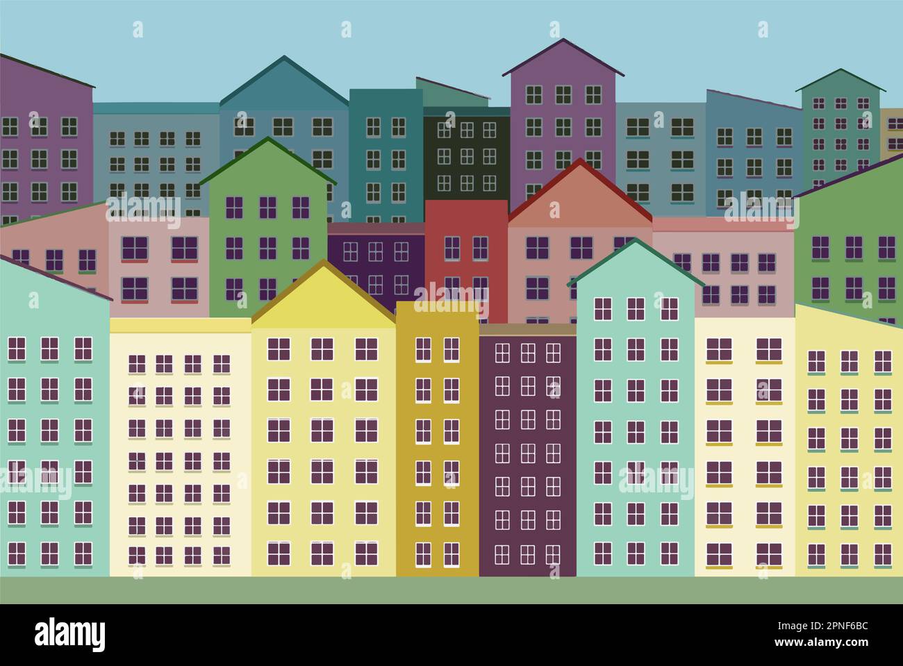 Urban buildings, apartment buildings mostly, are seen in a graphic ...