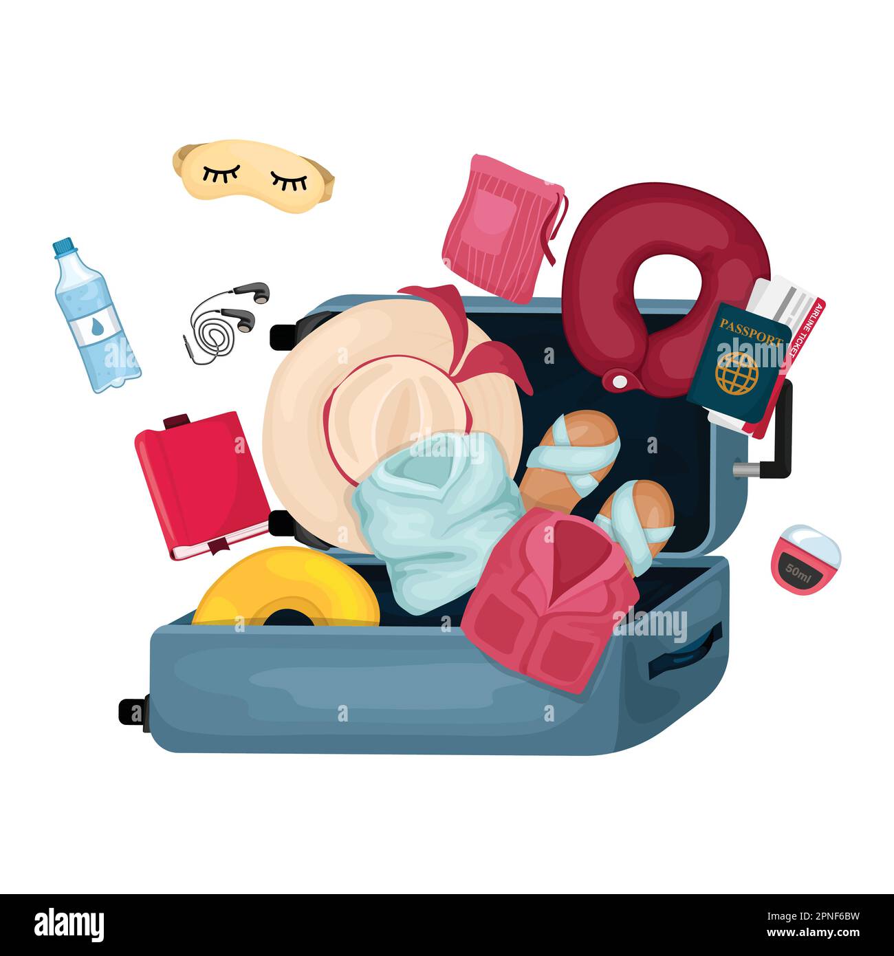 Travel baggage colored composition at white background with opened ...