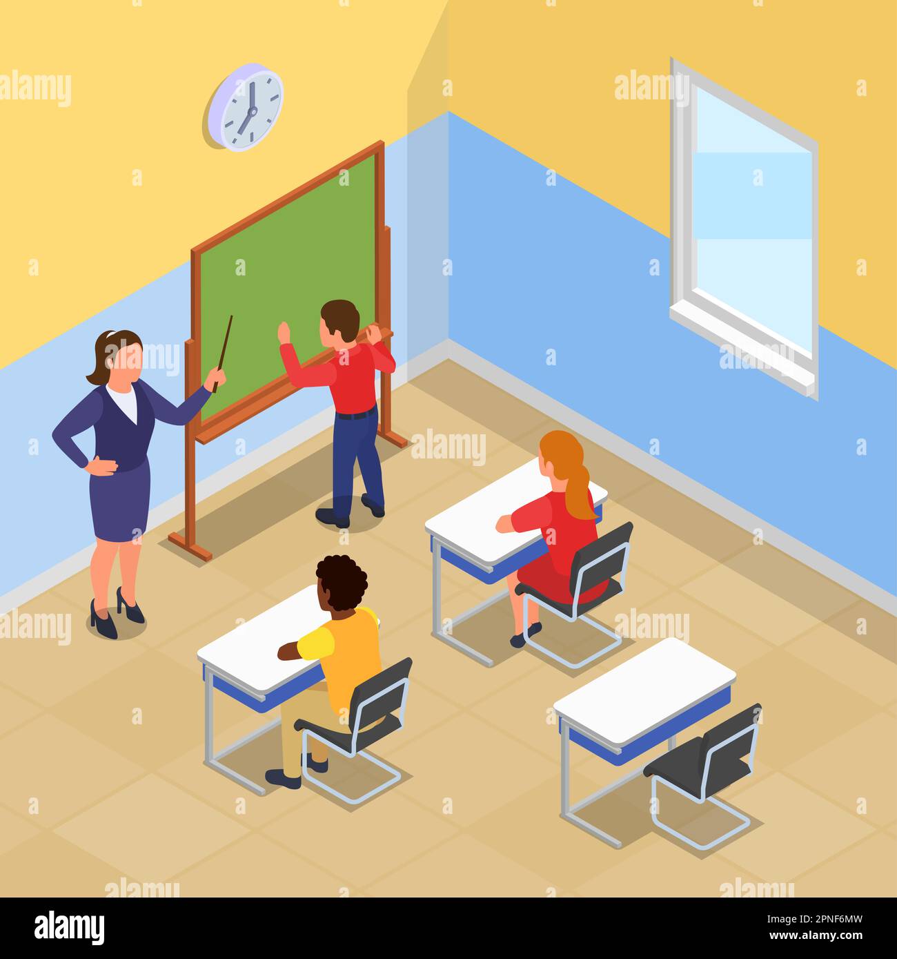 Back to school isometric composition with indoor view of classroom with ...