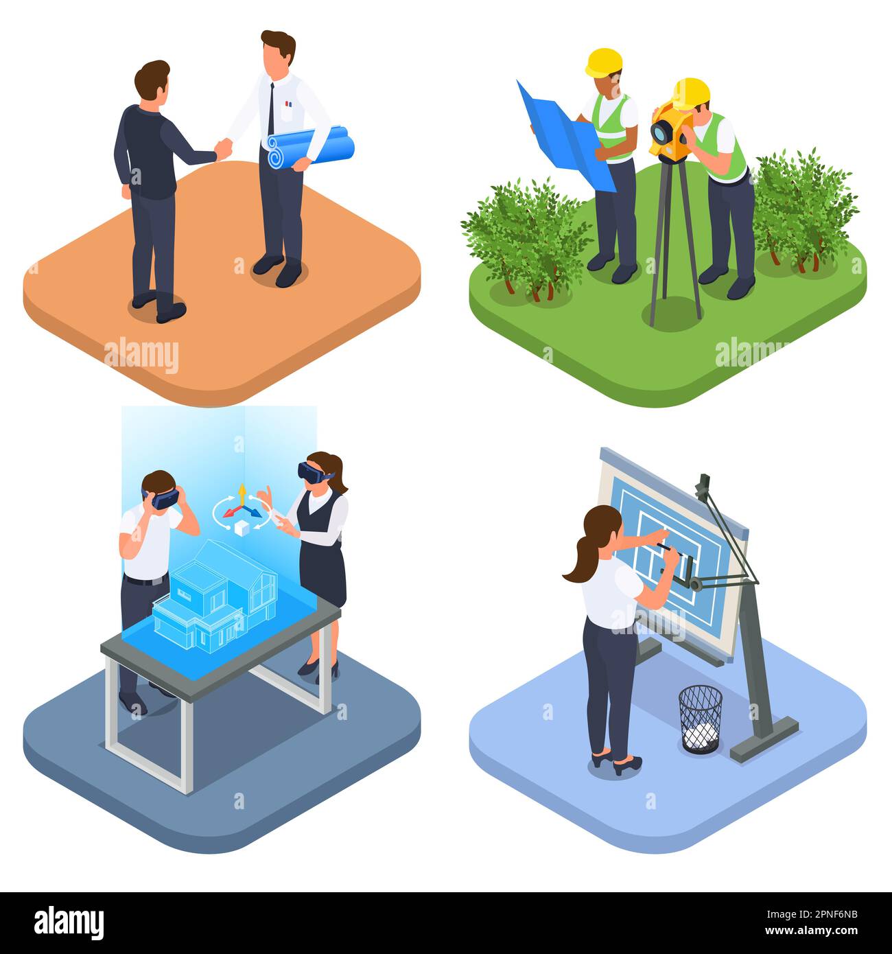 Architect construction engineer isometric set of four compositions with ...