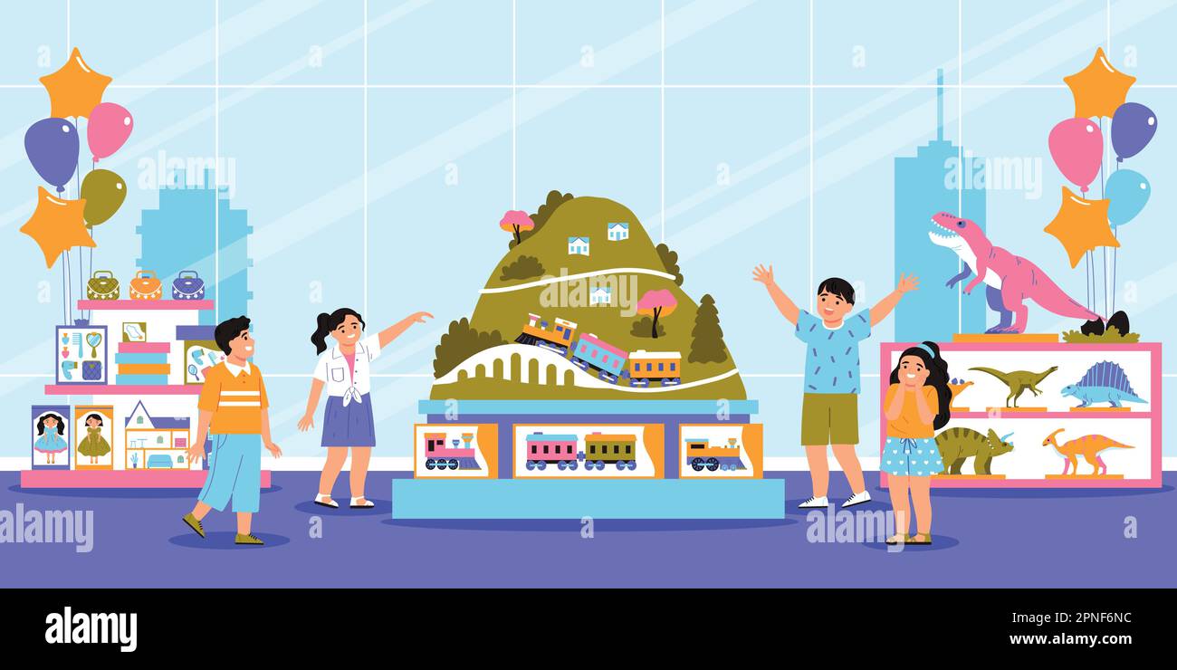 Excited children looking at stand with train at toy shop flat vector ...