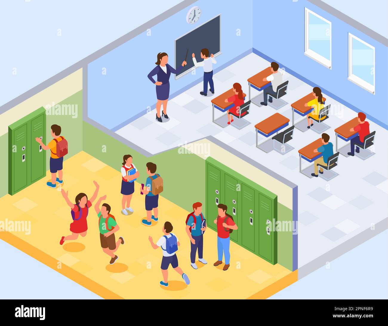 Back to school isometric composition with indoor profile views of ...