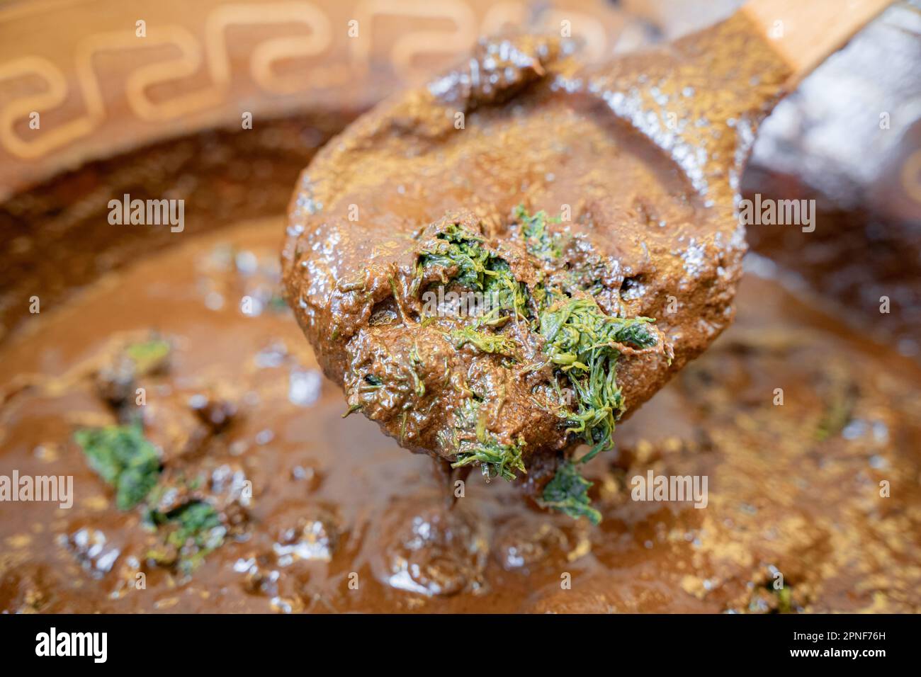 Close up of some rosemary being mixed to prepare revoltijo mole sauce ...